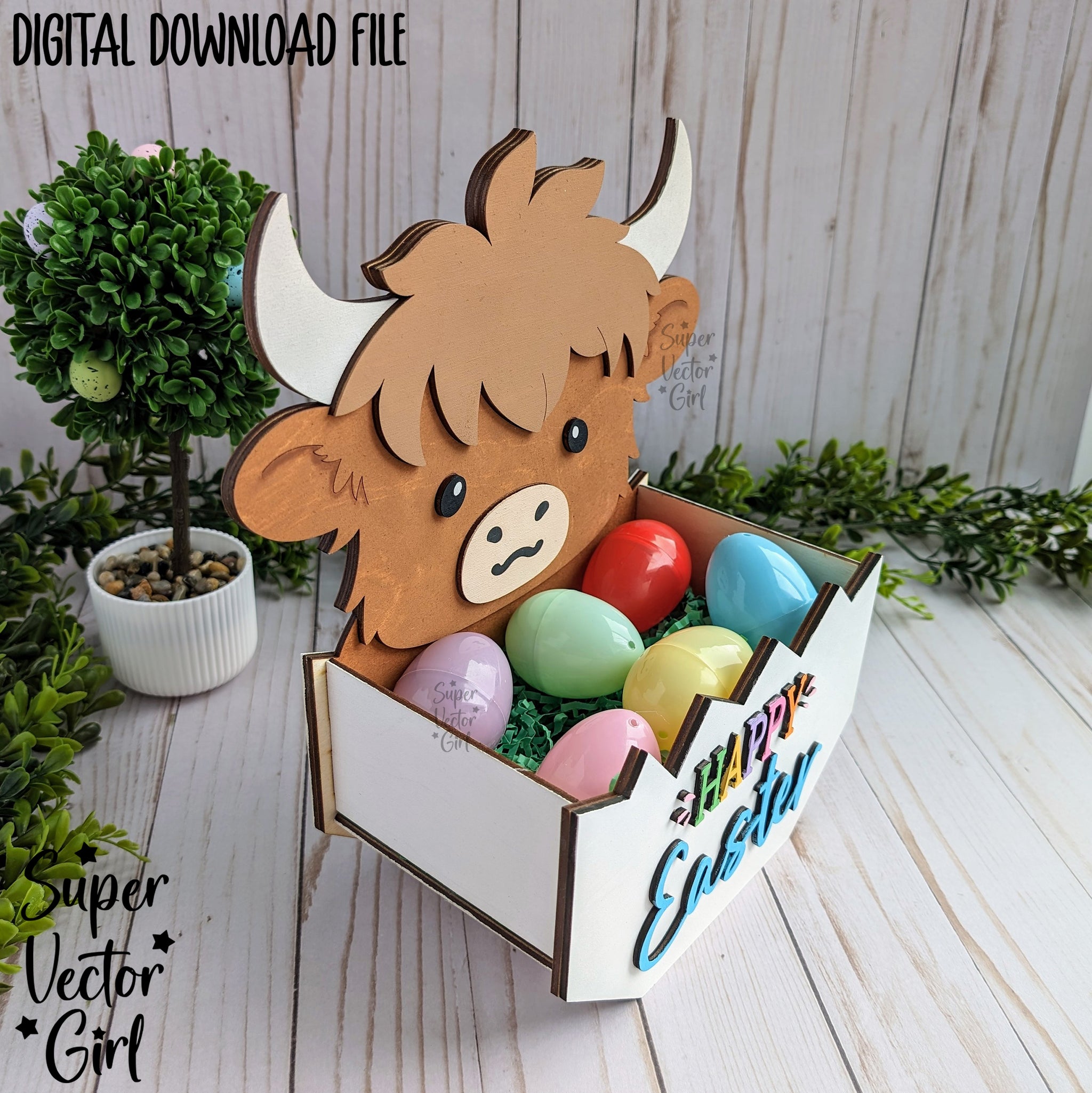 Highland Cow Easter Basket Crate, Easter Treats Box, SVG, Laser Cut Fi ...